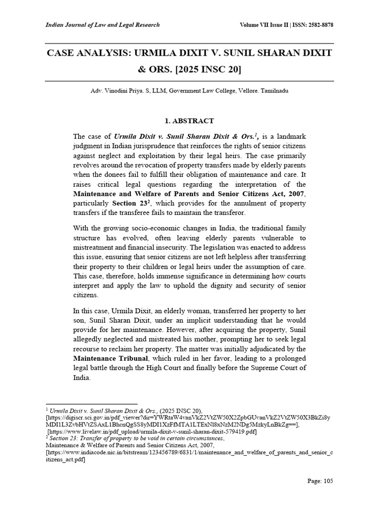 Case Analysis - Urmila Dixit V Sunil Sharan Dixit & Ors (2025 Insc 20) | PDF | Jurisdiction ...