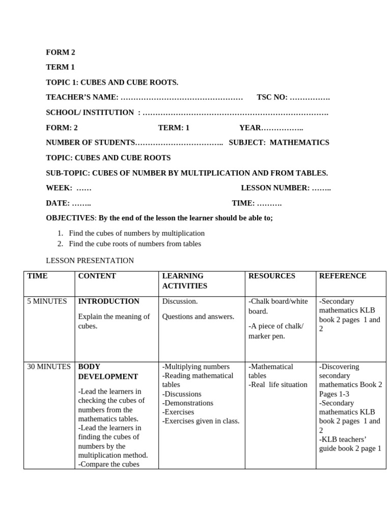 26 Cubes and Cube Roots Lesson Plans Form 2 Mathematics Term 1 Word ...
