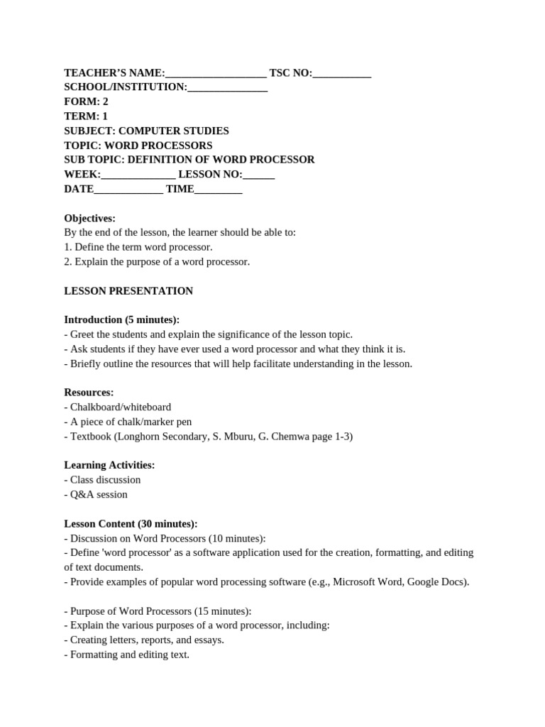 Form 2 Computer Studies Lesson Plans Term 1 | PDF | Paragraph | Word ...