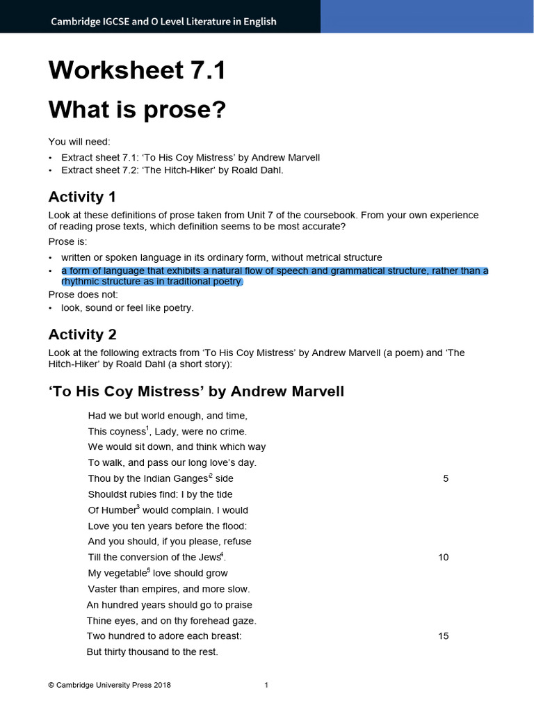 (M1.1) COMPLETE - Worksheet 7.1 | PDF | Prose