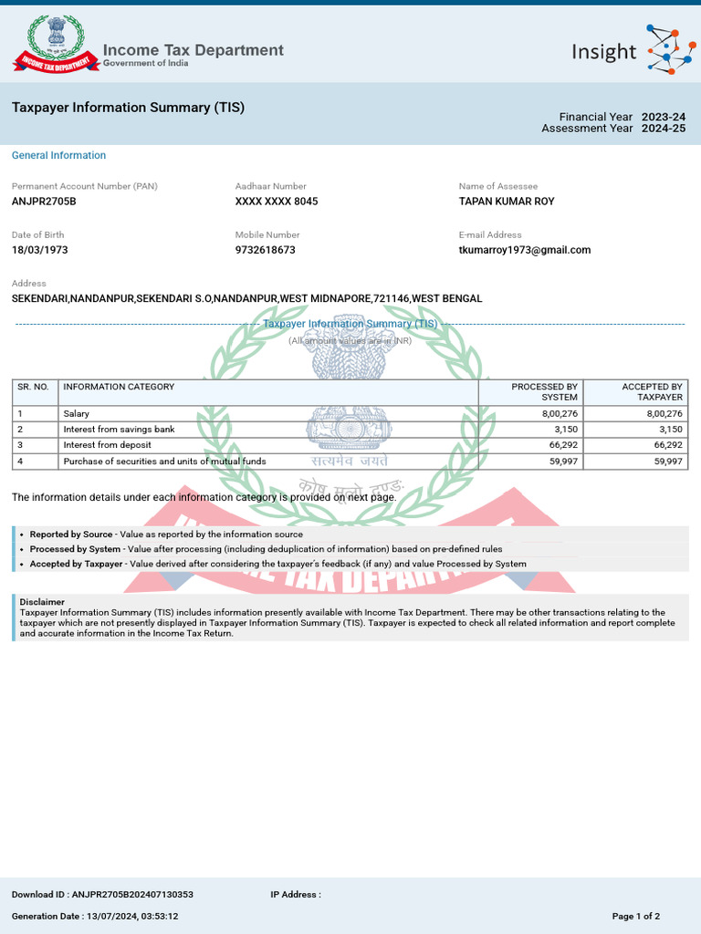 XXXPR2705X 2023-24 Tis | PDF | Taxpayer | Government Finances