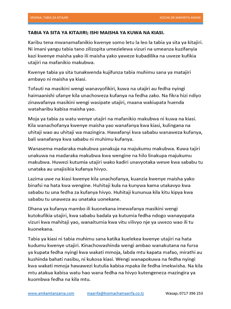 75d44 Tabia Ya Sita Ya Kitajiri Ishi Maisha Ya Kuwa Na Kiasi | PDF