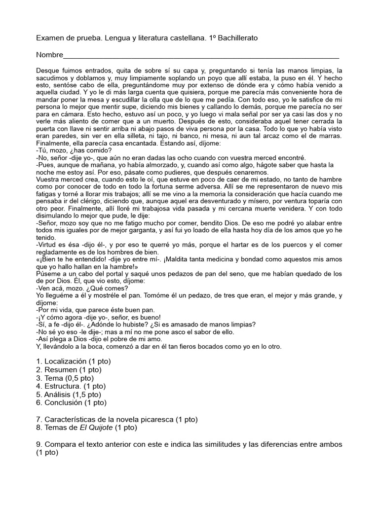 Prueba de Examen Lengua 1 Bach | PDF