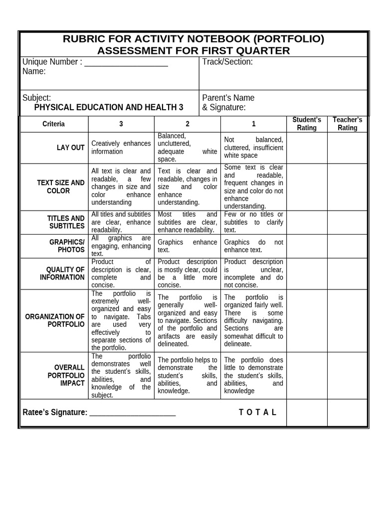 First Quarter PE Activity Notebook Rubric | PDF | Cognition | Learning