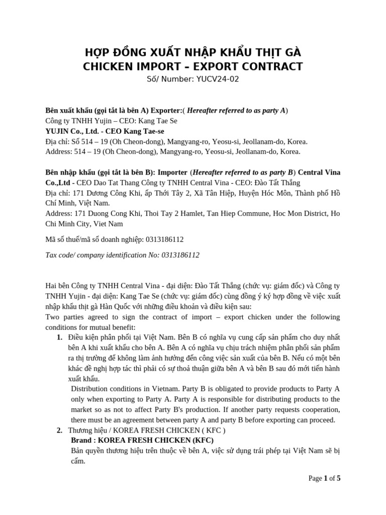 2024.06.24 Chicken Import - Export Contract | PDF