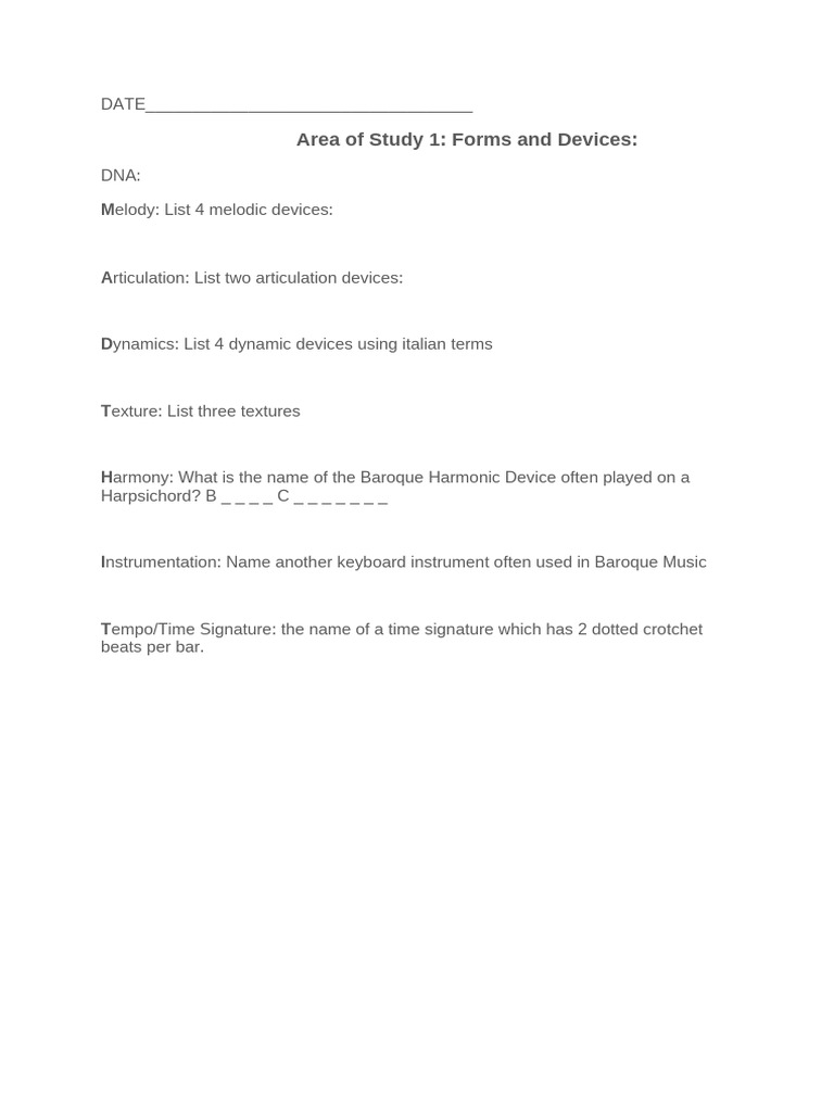 Area of Study 1 Classical Music Worksheet | PDF | Baroque Music ...