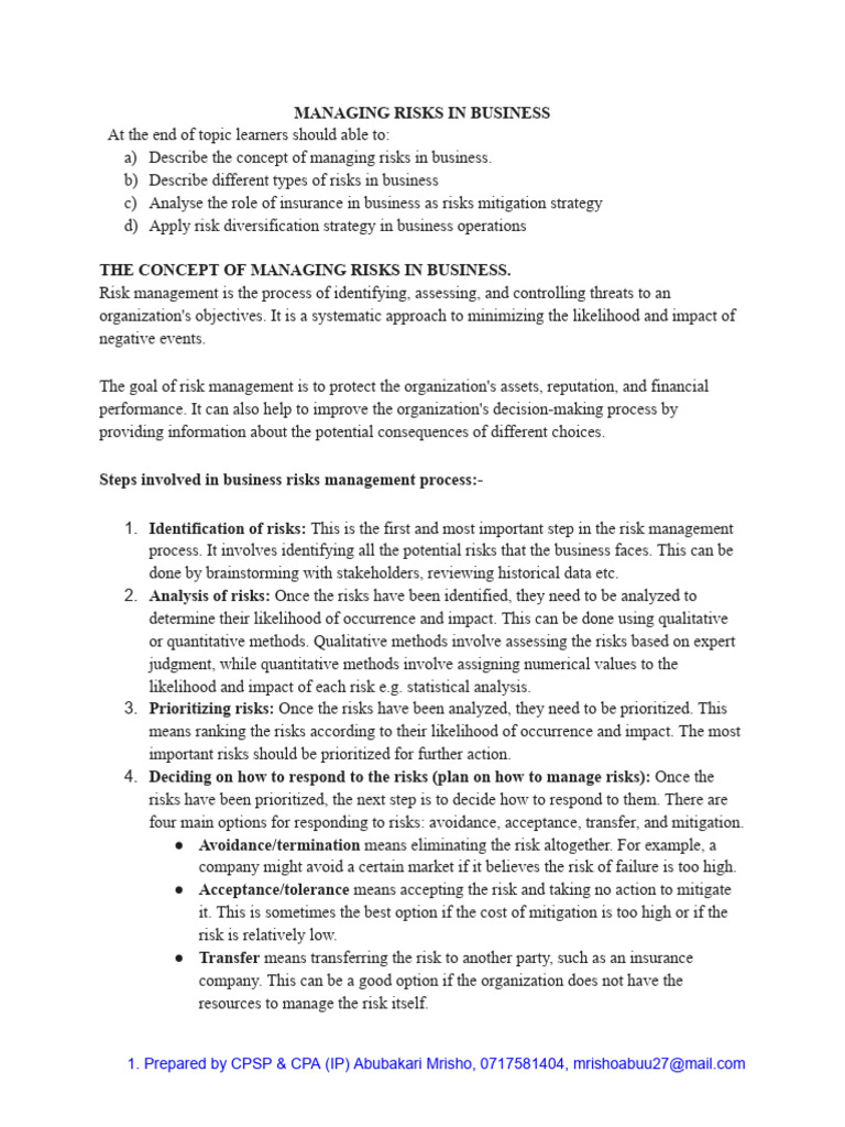 Business Risks management | PDF | Risk Management | Diversification ...