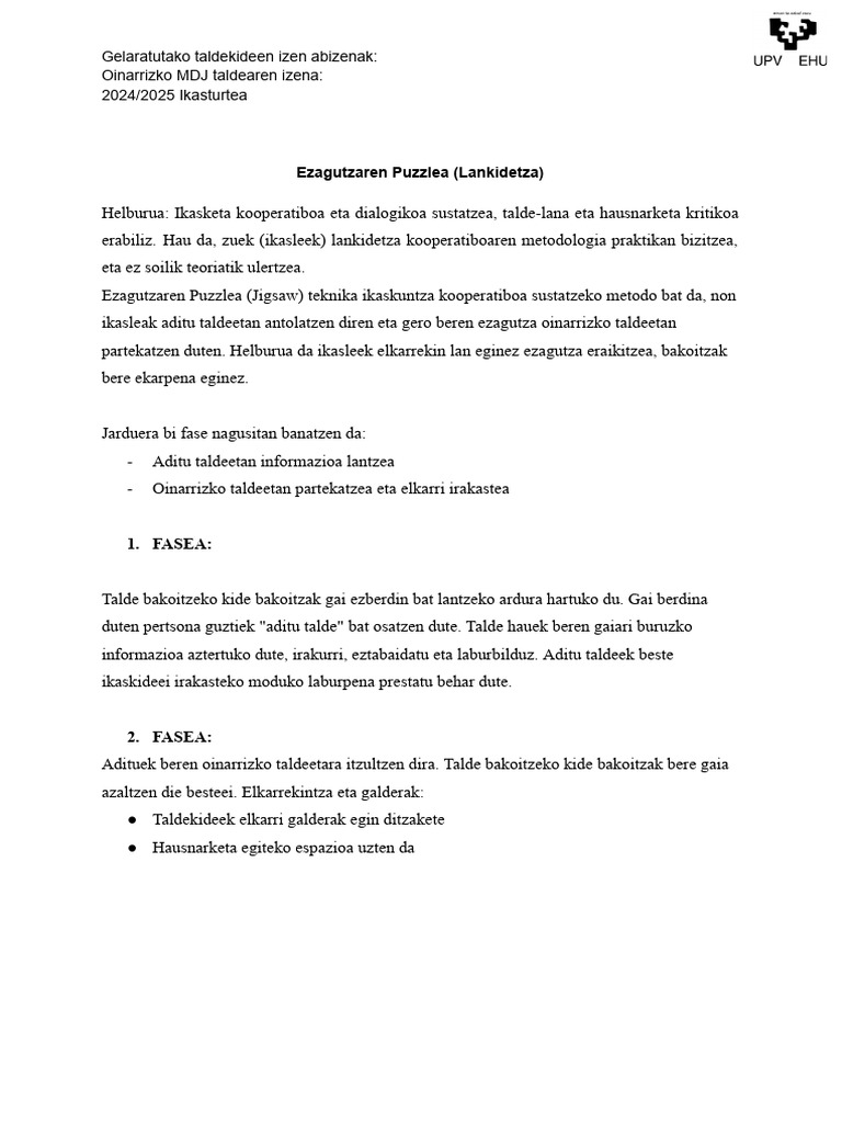 Saio Praktikoa Jarduera Lankidetza | PDF