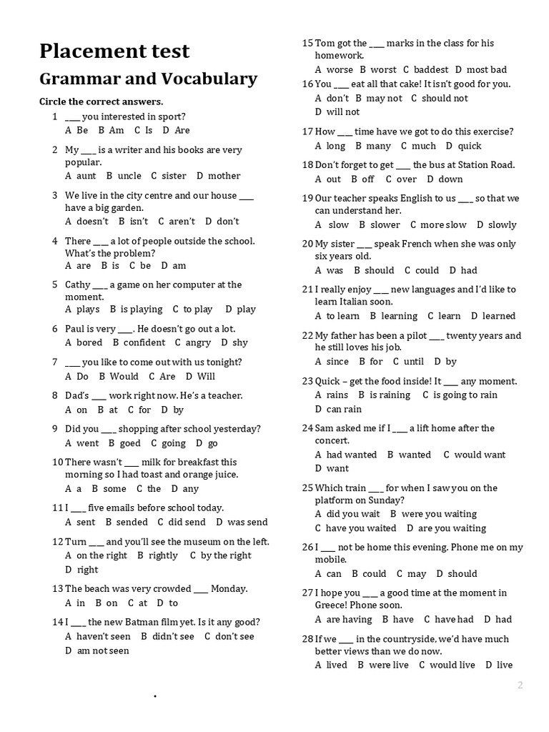 Placement Test Elementary | PDF