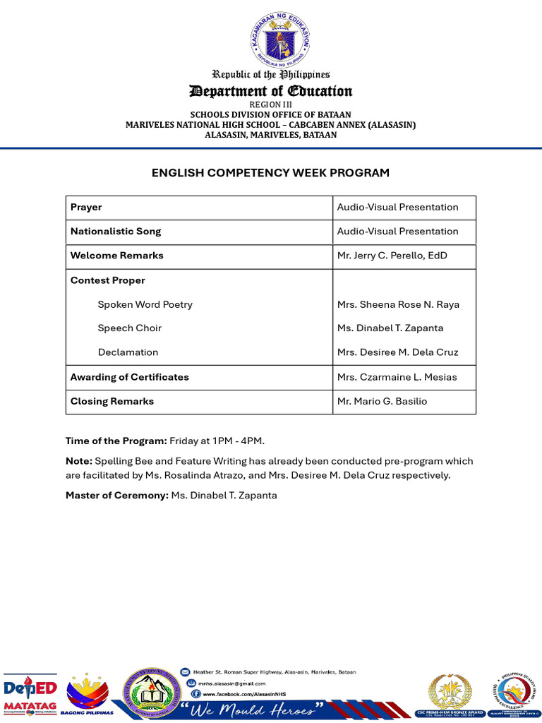 English Competency Week Program | PDF