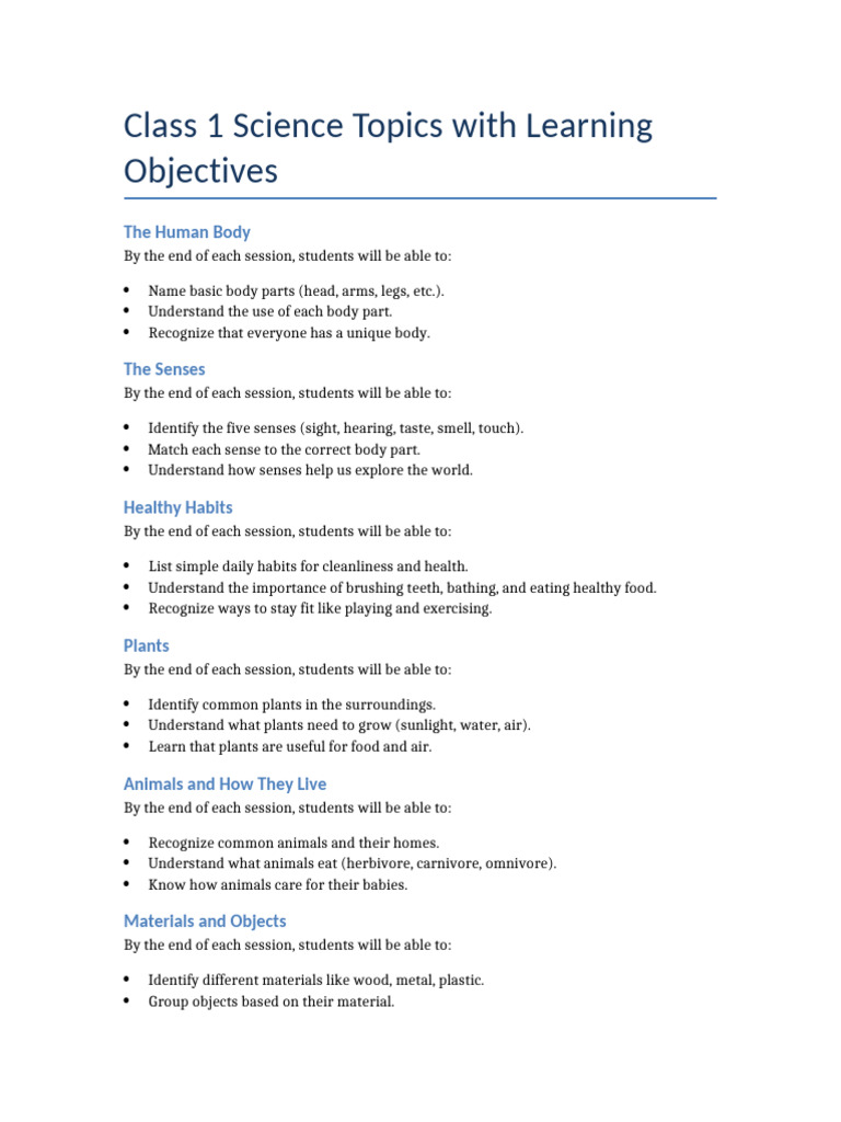 Class 1 Science Learning Objectives | PDF | Foods | Senses
