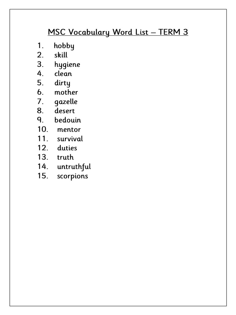 YEAR 1 MSC Vocabulary Word List - TERM 3 | PDF