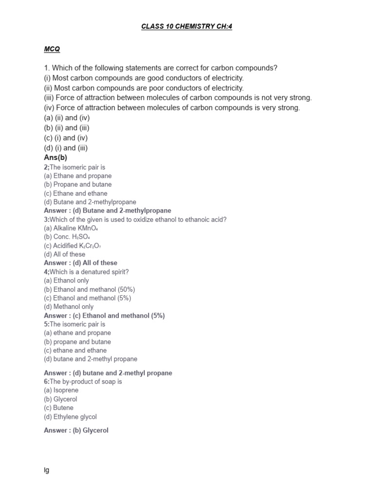 Class 10 Chemistry ch4 MCQ by Lalit Gukan .A | PDF | Alkane | Ethanol