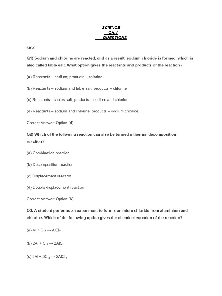 CLASS:10 SCIENCE CH:1 MCQ by LG Groups | PDF | Chemical Reactions ...