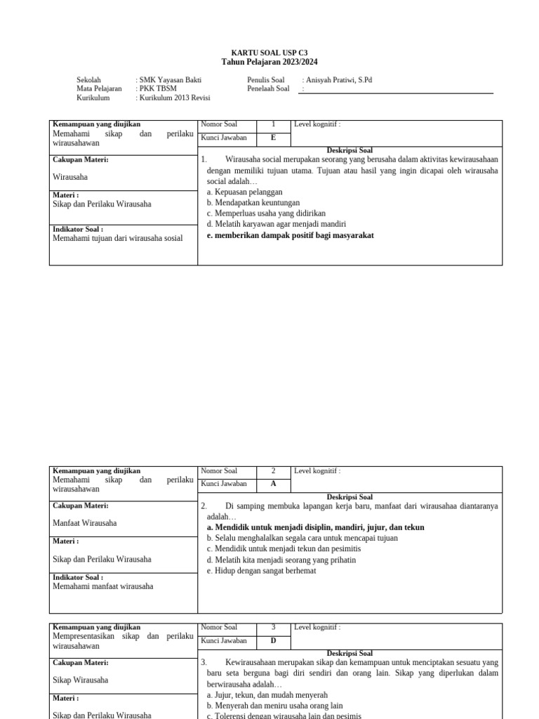 Kartu Soal Usp C3 TSM PKK 2025 | PDF
