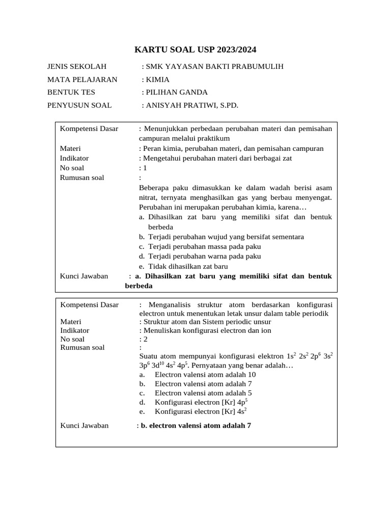 Kartu Soal USP Kimia 2025 | PDF