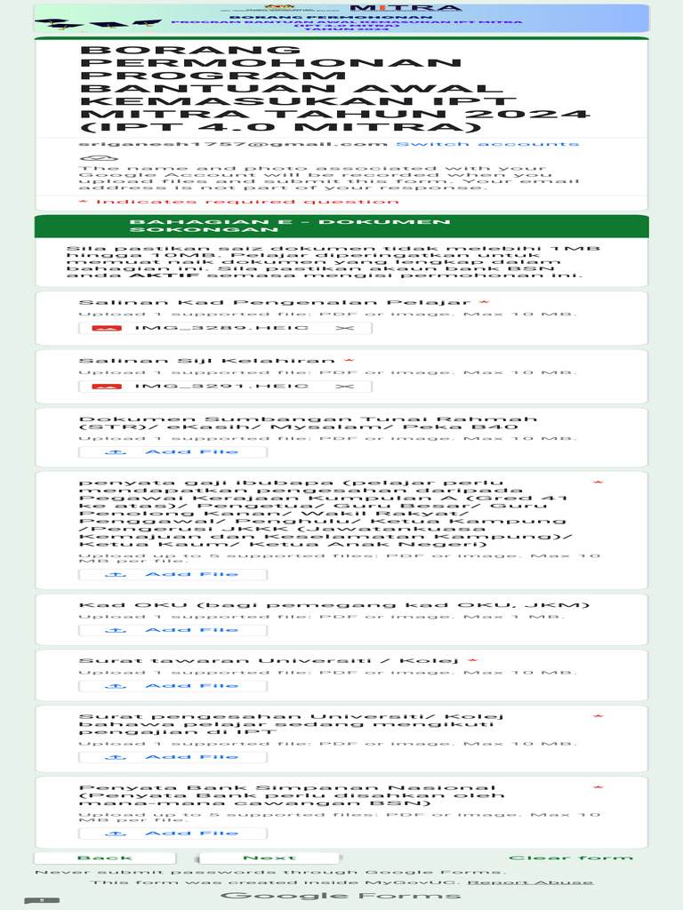 Borang Permohonan Program Bantuan Awal Kemasukan Ipt Mitra Tahun 2024 ...