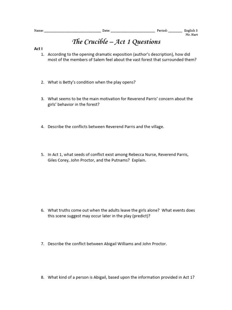 The Crucible Act 1 Questions - Docx | PDF