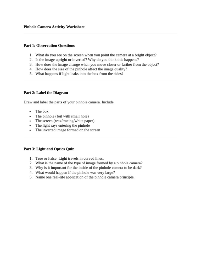 Pinhole Camera Activity Worksheet | PDF