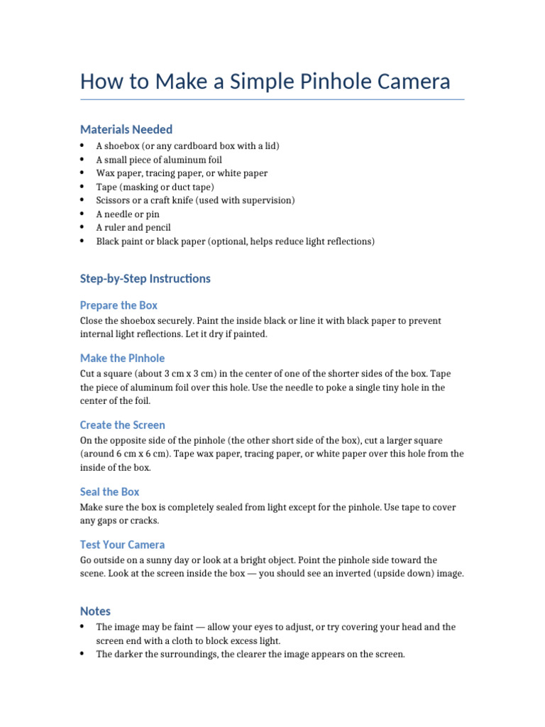 Pinhole Camera Activity Guide | PDF