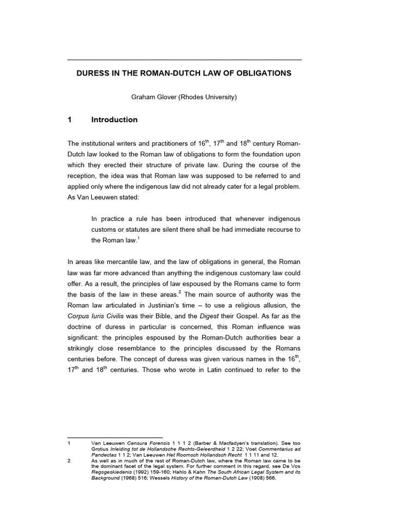 Glover Duress in The Roman Dutch Law of Obligations | PDF | Legal ...