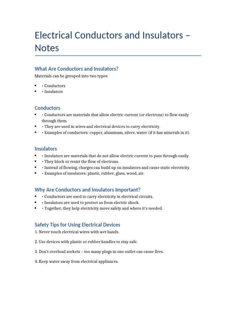 Electrical Conductors and Insulators Notes | PDF