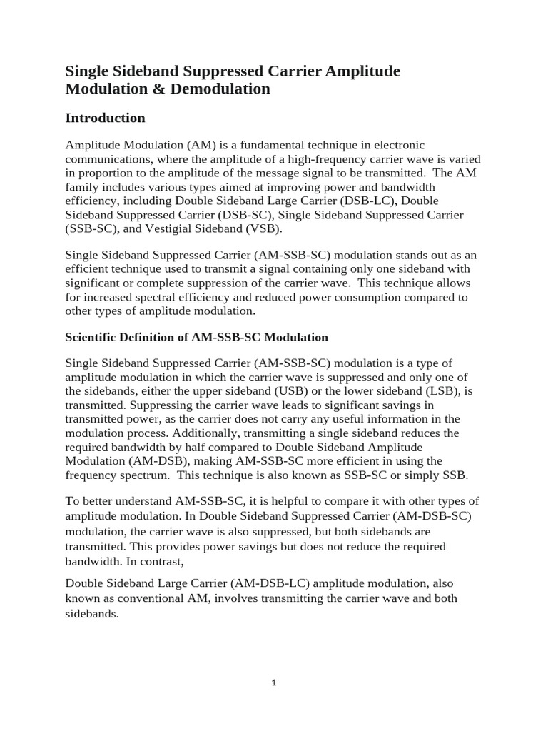 Single Sideband Suppressed Carrier Amplitude Modulation | PDF | Modulation | Broadcast Engineering