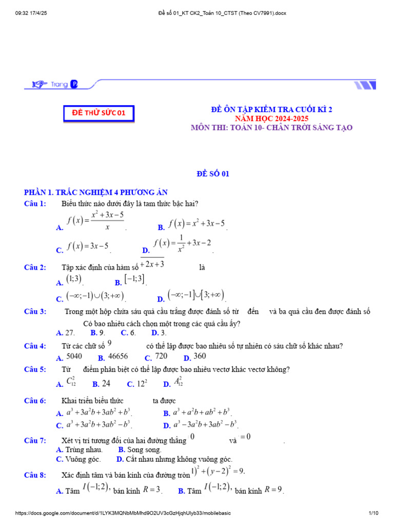 Đề số 01 - KT CK2 - Toán 10 - CTST (Theo CV7991) | PDF