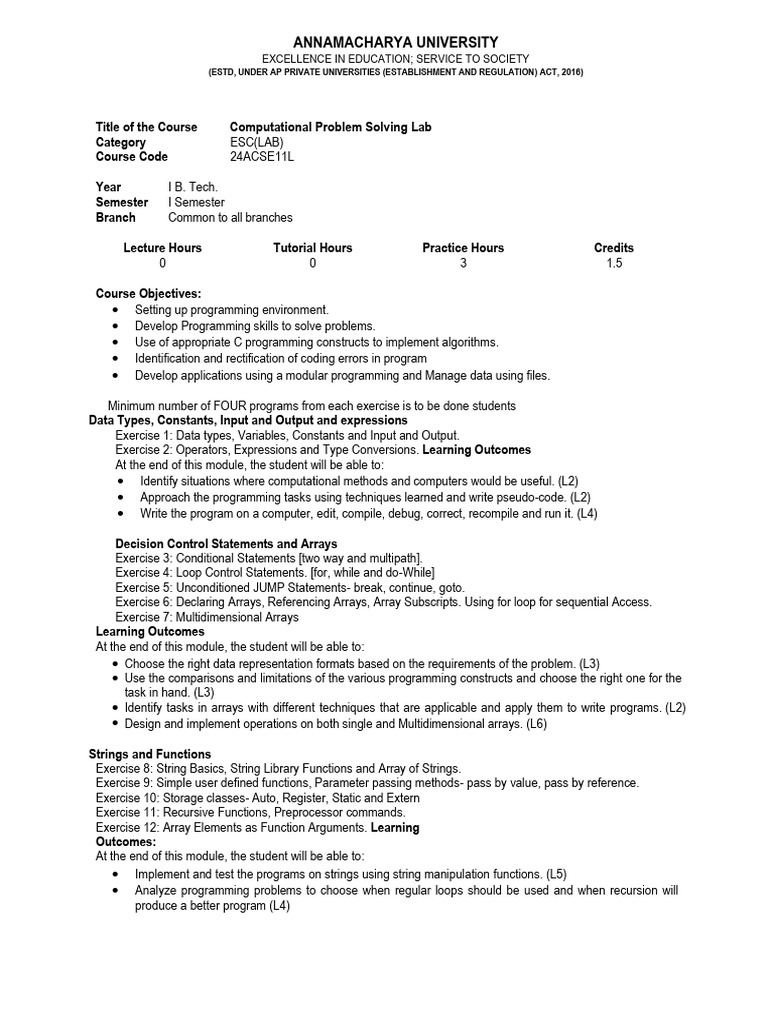 R24-CPS_LAB_Syllabus_AU | PDF | Computer Program | Programming