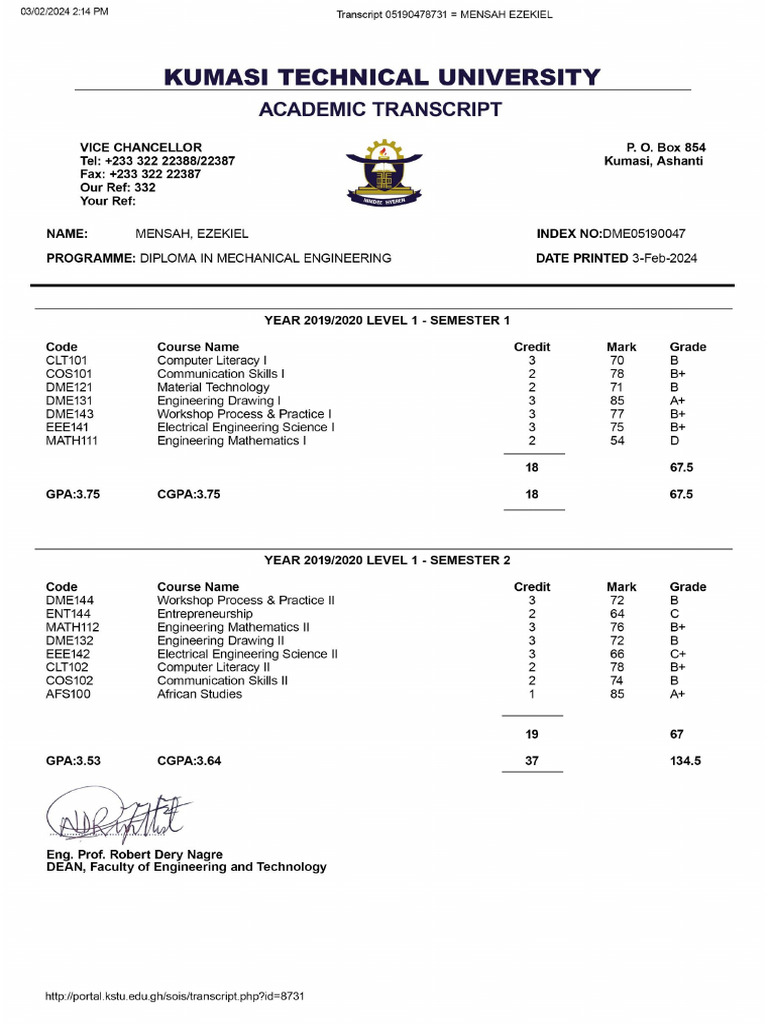 Mensah, Ezekiel Transcript | PDF