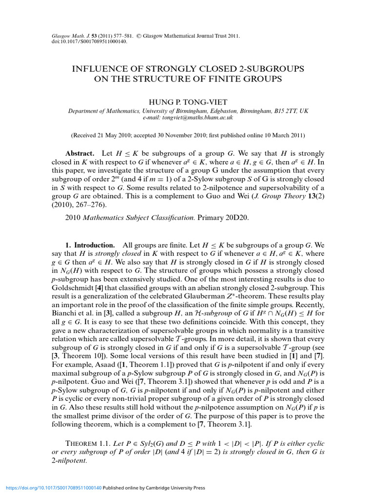 Div Class Title Influence of Strongly Closed 2 Subgroups On The Structure of Finite Groups Div ...