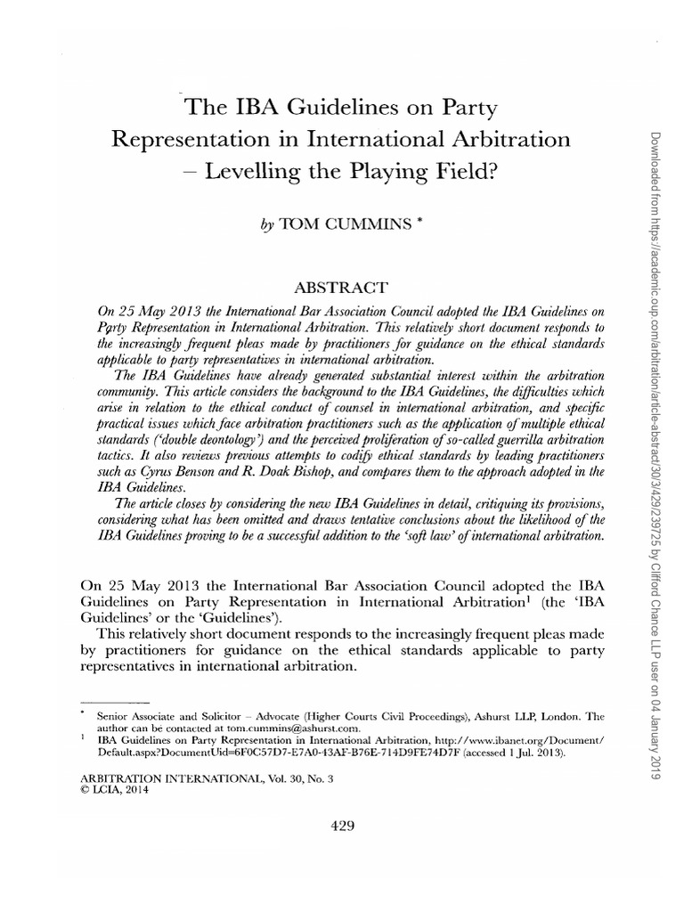 The IBA Guidelines On Party Representation in International Arbitration - Levelling The Playing ...
