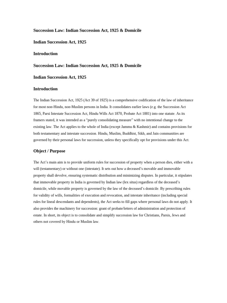Indian Succession Act and Domicile | PDF