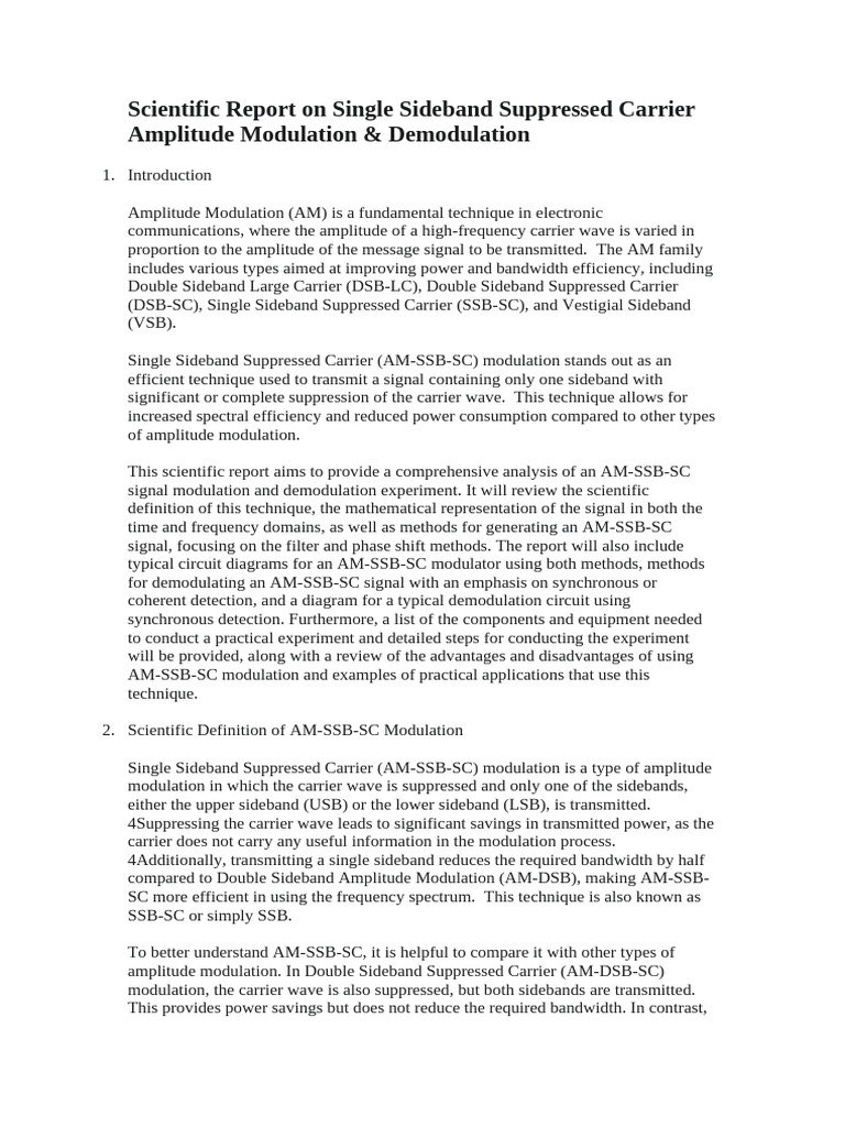 Scientific Report On Single Sideband Suppressed Carrier Amplitude Modulation | PDF | Modulation ...