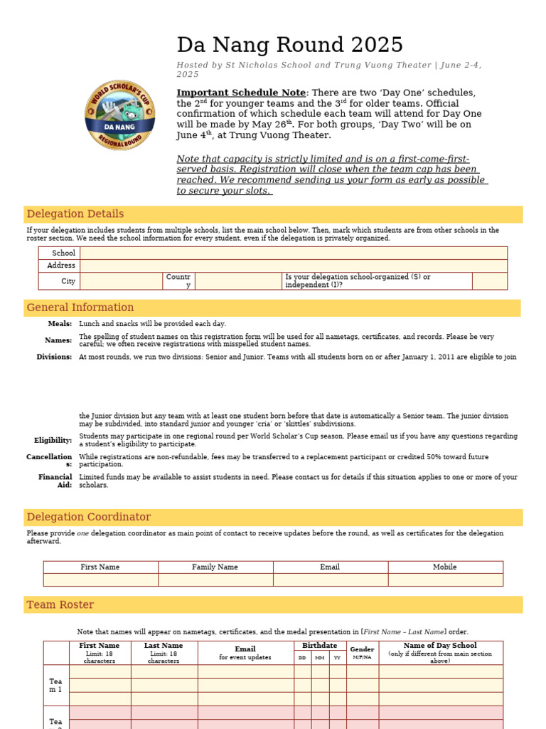 WSC Da Nang Round Registration Form 2025 | PDF