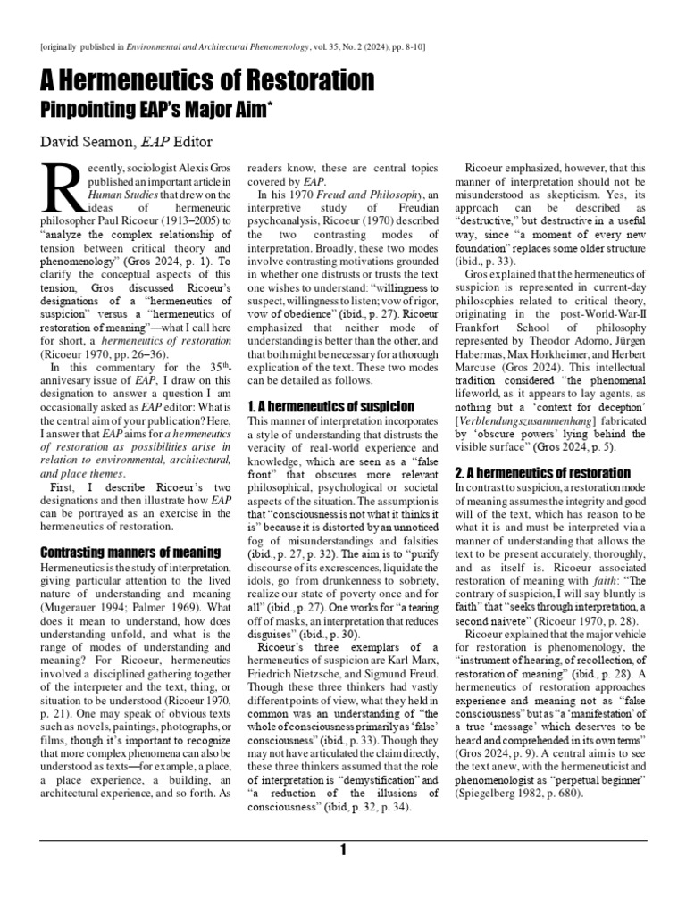 A Hermeneutics of Restoration 2024 | PDF | Hermeneutics | Phenomenology (Philosophy)