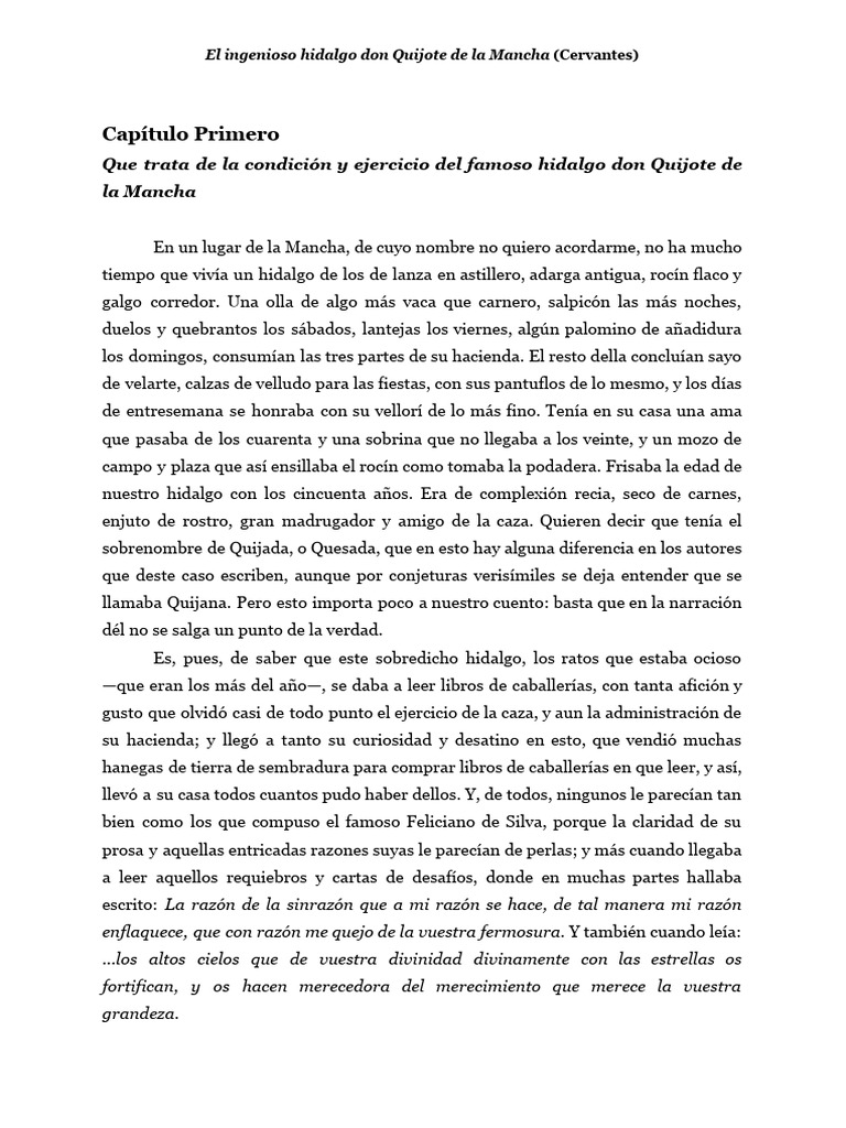 El Ingenioso Hidalgo Don Quijote de La Mancha (TEXTO) | PDF | Novelas ...