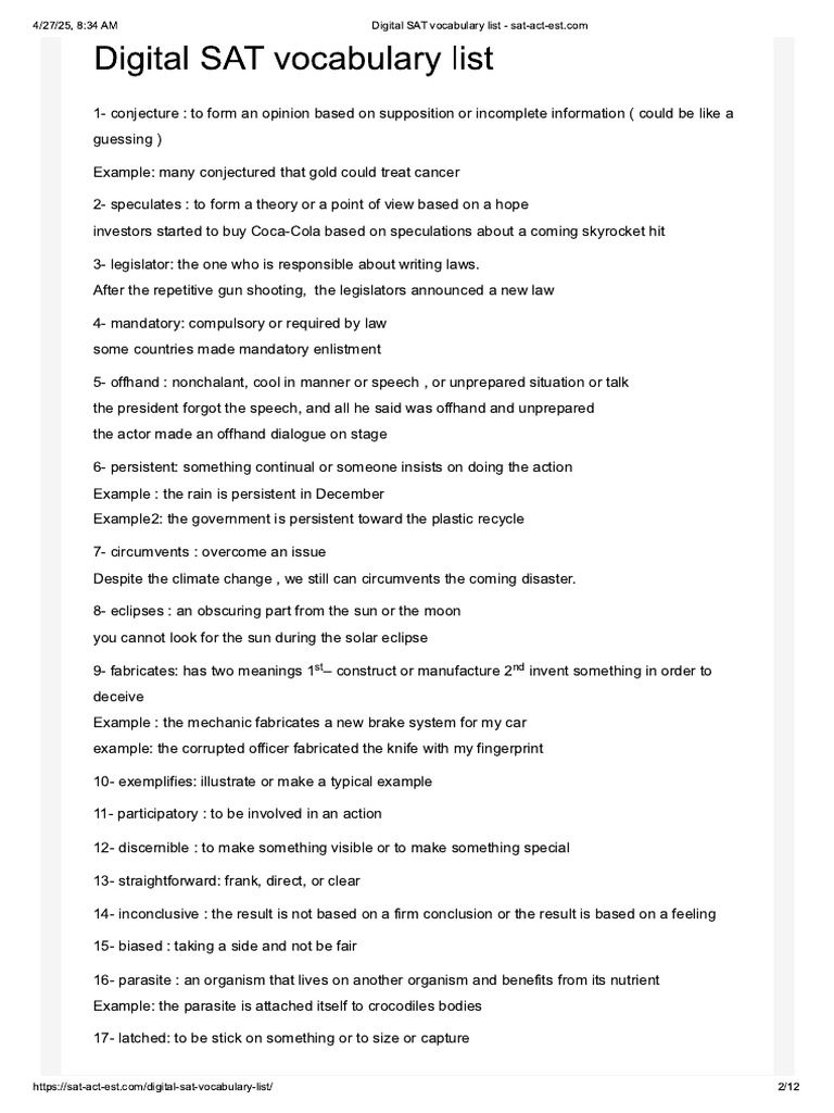 Digital SAT Vocabulary List | PDF