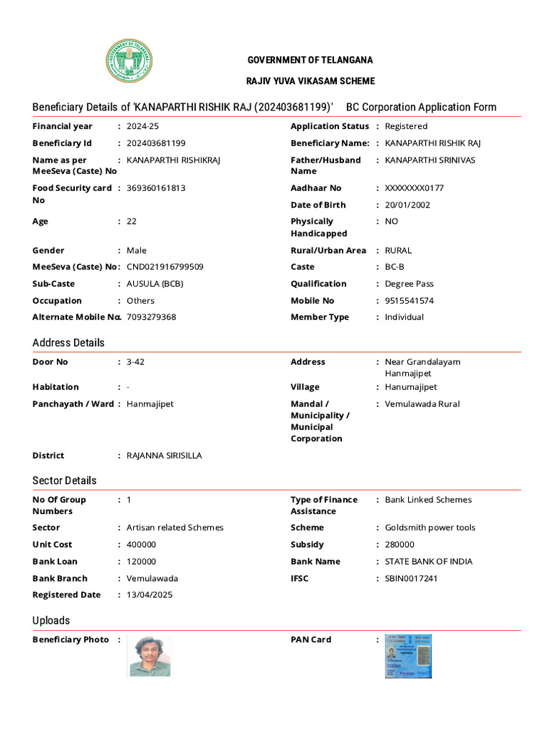 Rajiv Yuva Vikasam Application Status | PDF
