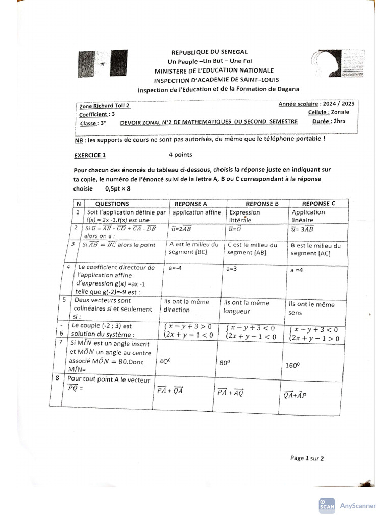 Devoir Maths 4e-3e 2nd Sem 24-25 | PDF