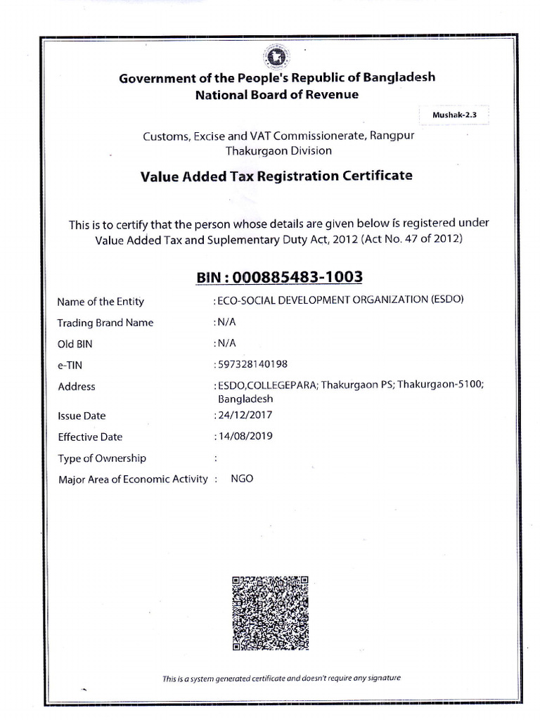 VAT Registration Certificate for ESDO | PDF