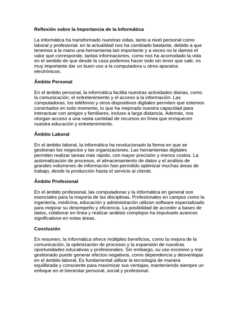 Reflexión Sobre La Importancia de La Informática | PDF