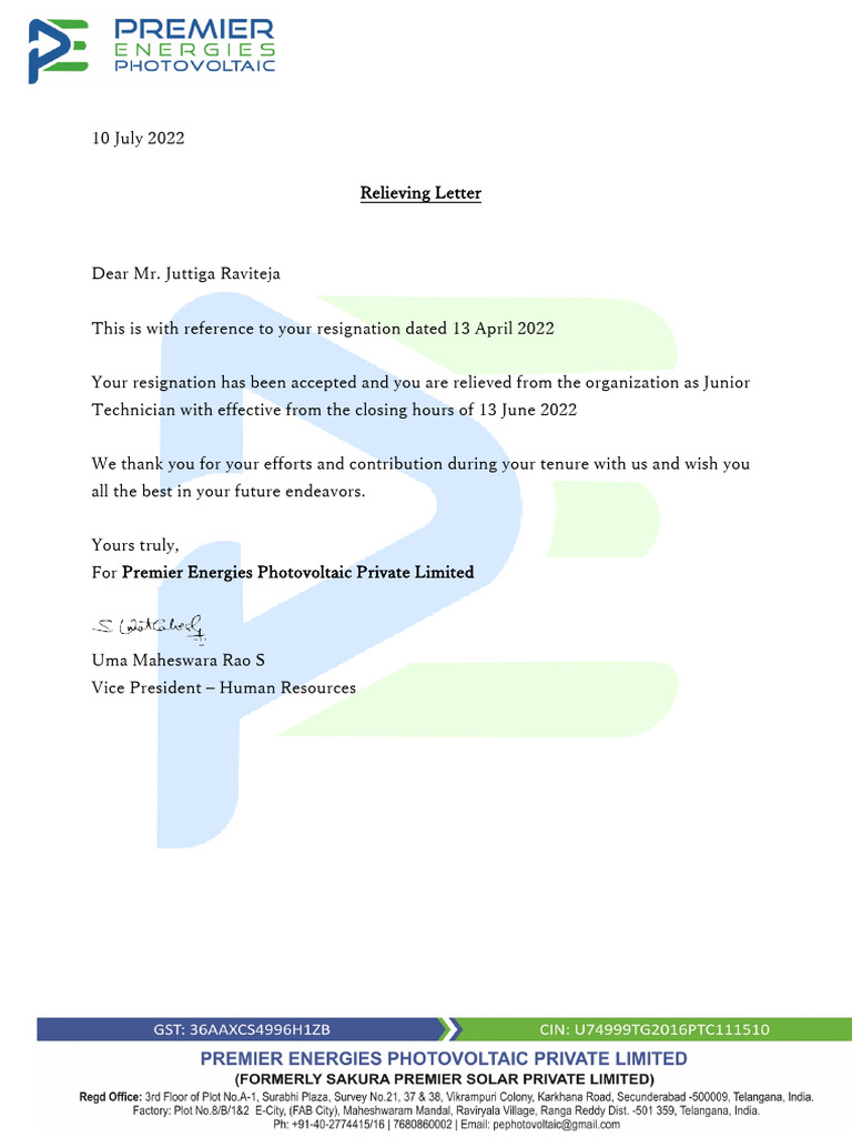 Relieving Letter for Juttiga Raviteja | PDF