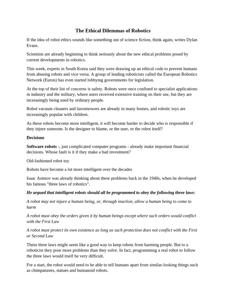 Ethical Dilemmas of Robotics | PDF | Robot | Robotics