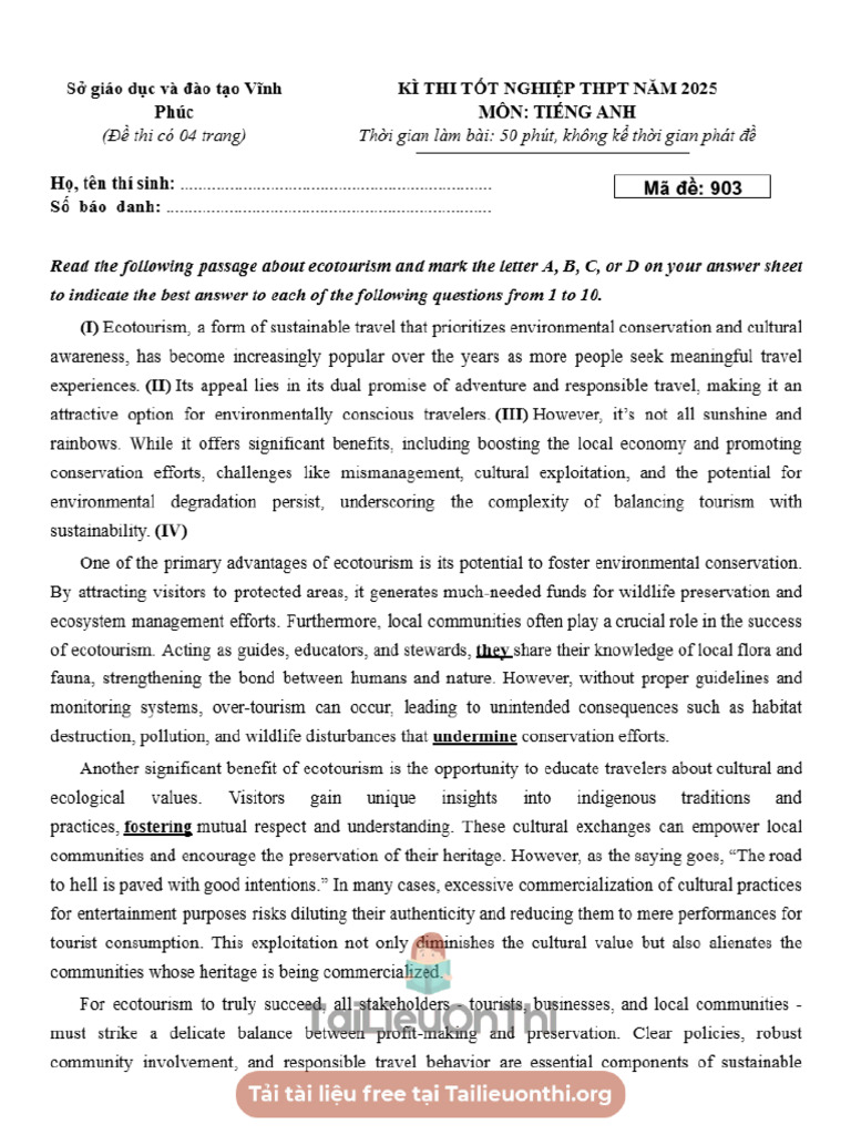 25. Sở Giáo Dục Và Đào Tạo Vĩnh Phúc (Mã Đề 903) (Tốt Nghiệp THPT 2025 Môn Tiếng Anh) | PDF