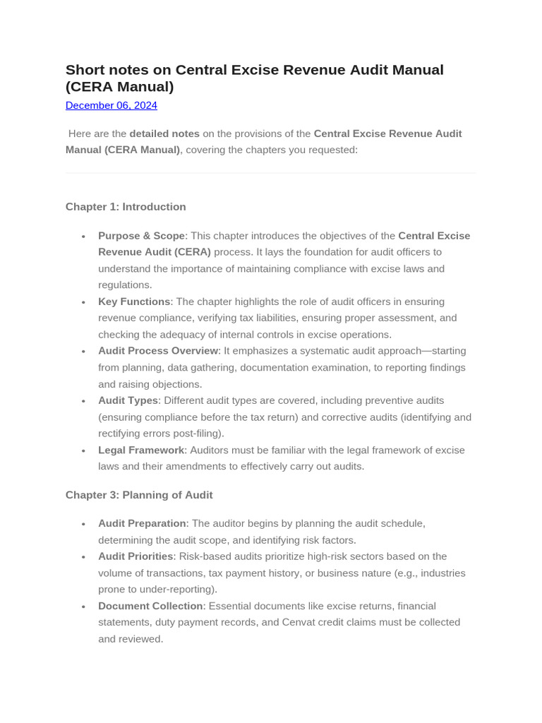 Short Notes On Central Excise Revenue Audit Manual | PDF | Audit ...
