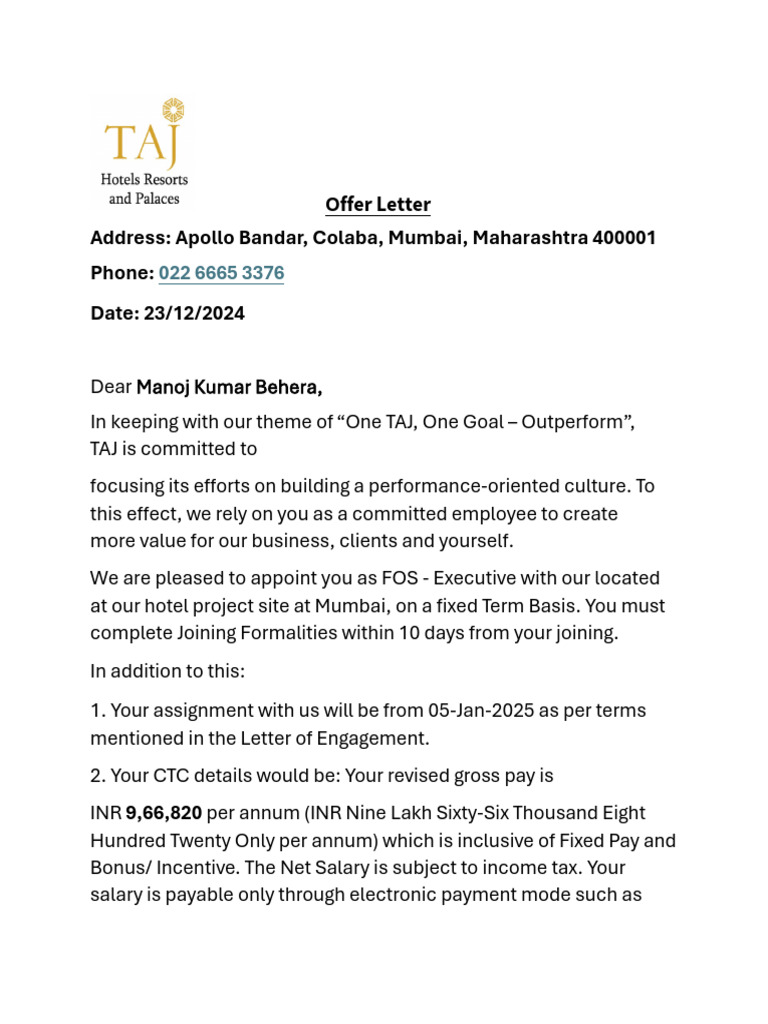 Taj Hotel Employment Offer Letter | PDF