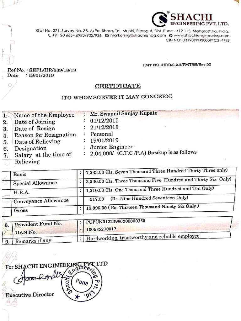 Shachi Engineering - Experience Letter | PDF