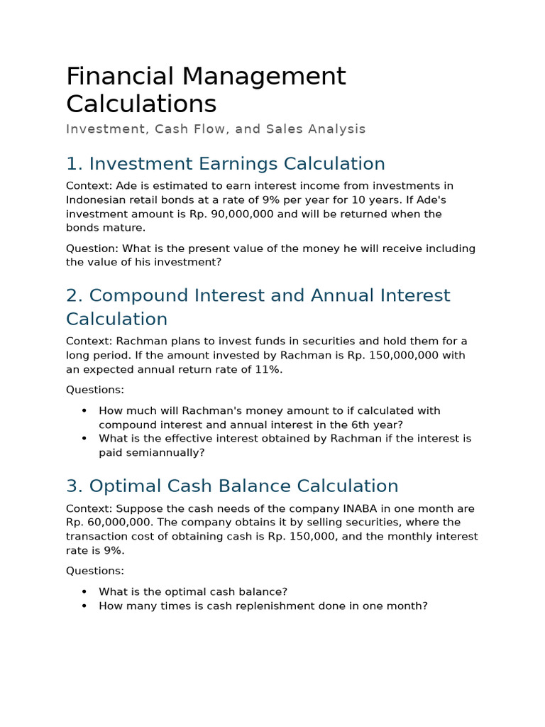 Financial Management Calculations: 1. Investment Earnings Calculation ...