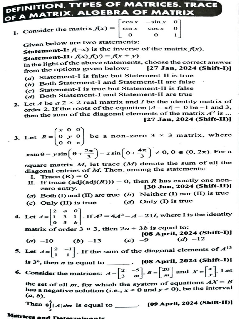 Jee Matrices and Determinants Pyqs - 250413 - 231141 | PDF